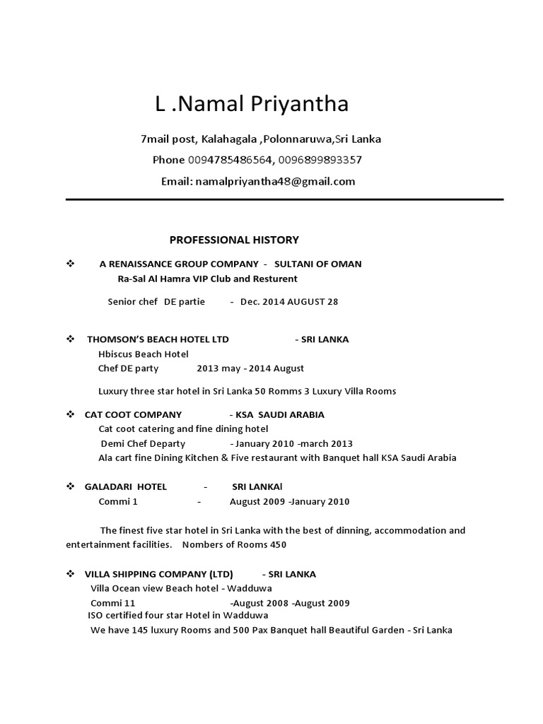 Chef Namal Priyantha's Catering Profile | PDF