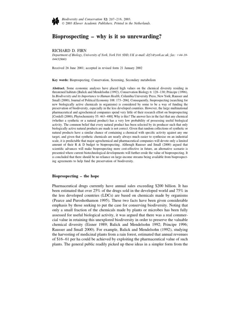 Bioprospecting - Why Is It So Unrewarding?: Biodiversity and ...