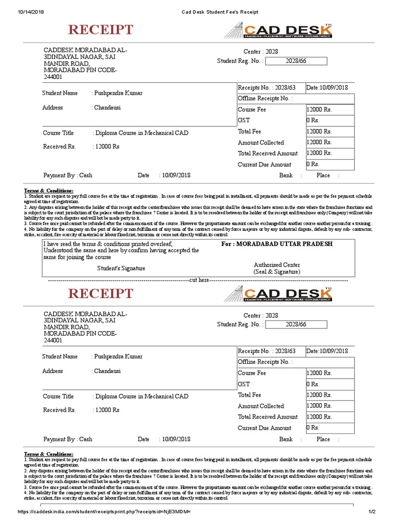 Cad Desk Student Fee's Receipt PDF | PDF | Fee | Receipt