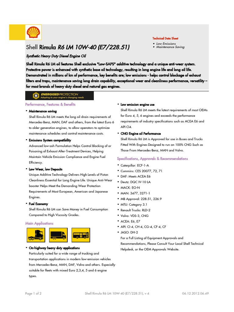 Shell Rimula r6 Spec Sheet | PDF | Motor Oil | Vehicles