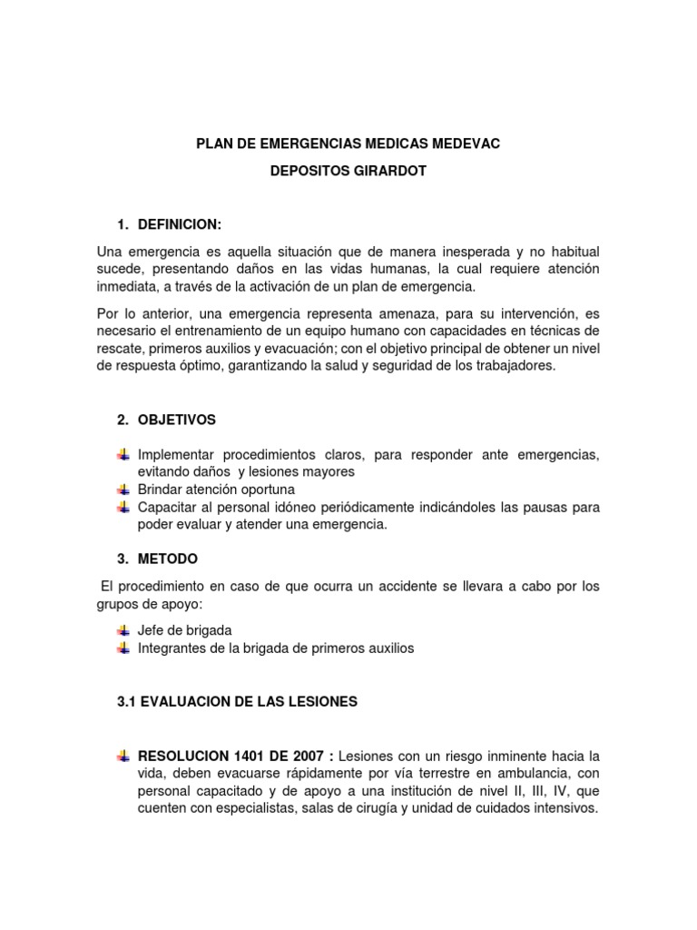 Plan de Emergencias Medicas Medevac | PDF | Primeros auxilios | Especialidades Medicas