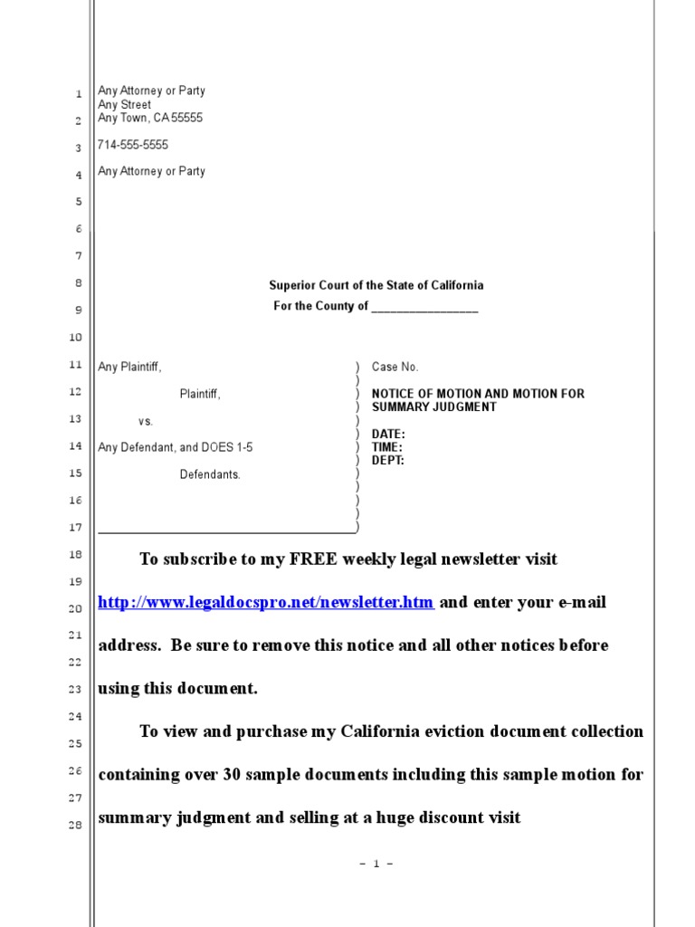 California Summary Judgment Motion Sample | PDF | Summary Judgment ...