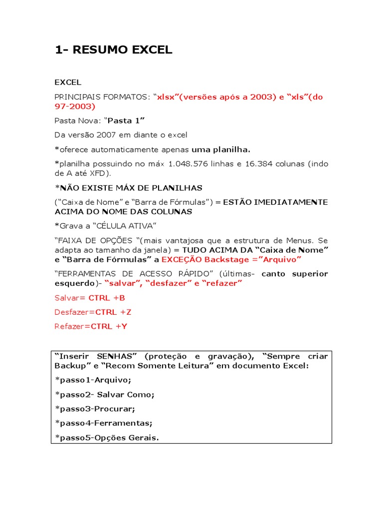 Resumo do Excel | PDF | Microsoft Excel | Janela (informática)