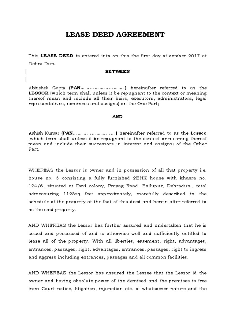 Lease Deed Agreement PDF Lease Renting