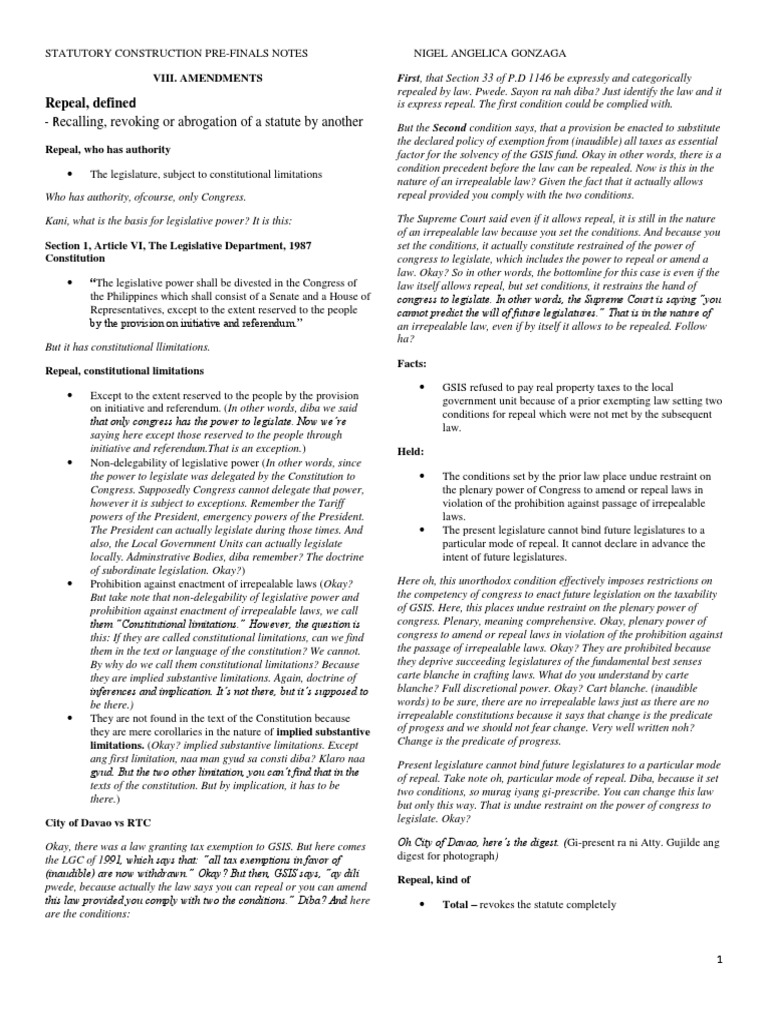 Recalling, Revoking or Abrogation of A Statute by Another: Repeal ...