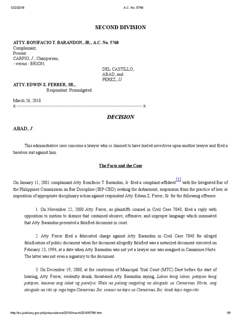 A.C. No. 5768-Atty Barandon Vs Atty Ferrer | PDF | Lawsuit | Lawyer