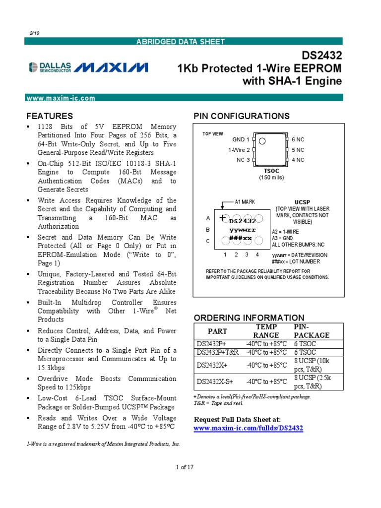 DS2432 1Kb Protected 1-Wire EEPROM With SHA-1 Engine: Features Pin ...
