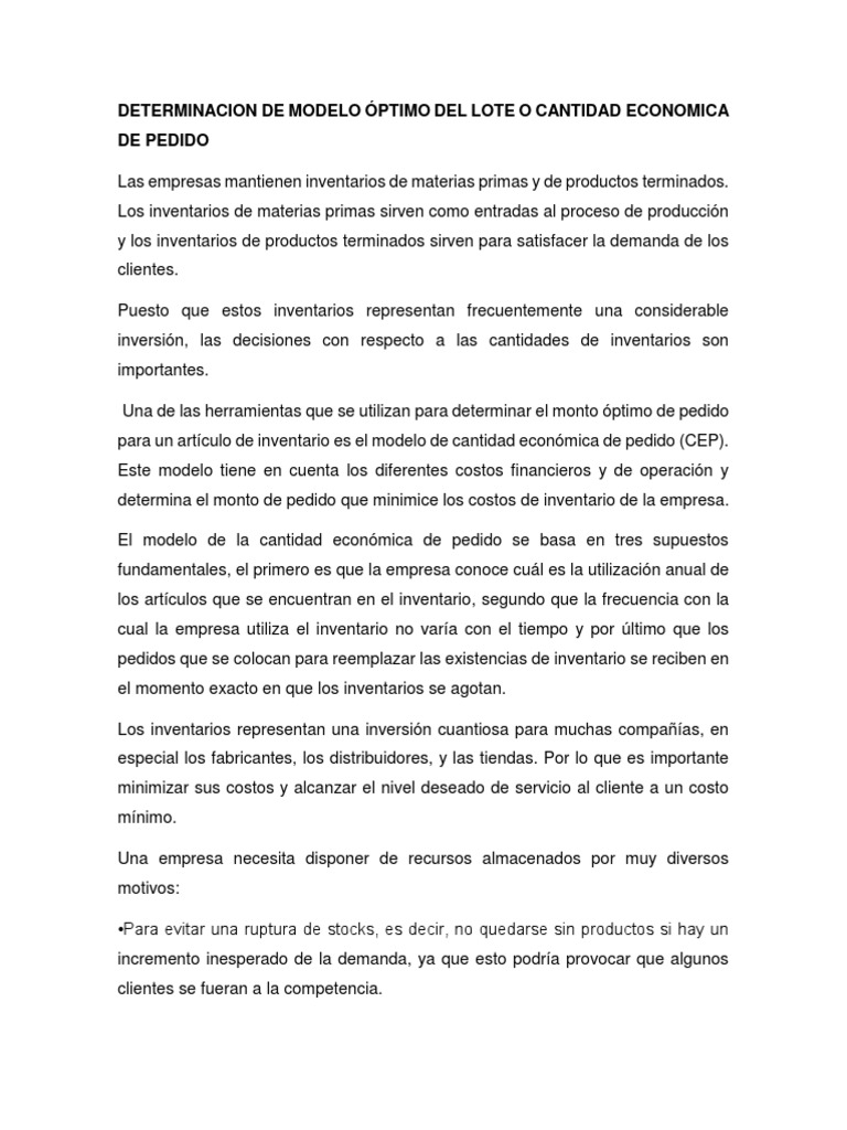 Determinacion de Modelo Óptimo Del Lote o Cantidad Economica de Pedido ...
