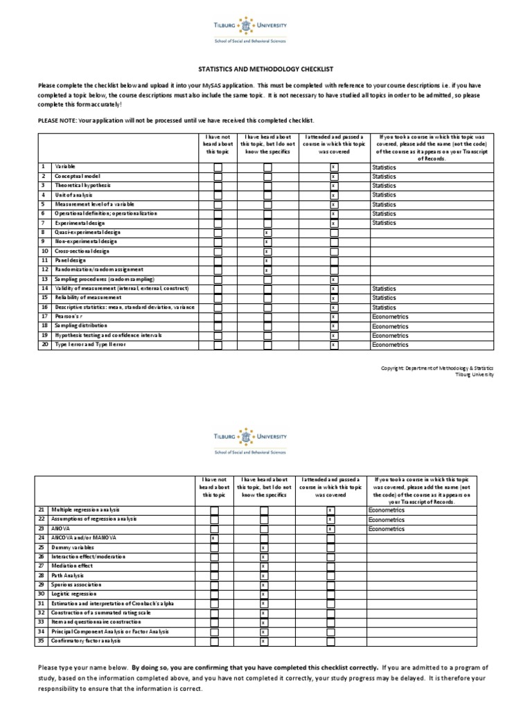 TSB Statistics Checklist | PDF | Econometrics | Statistics