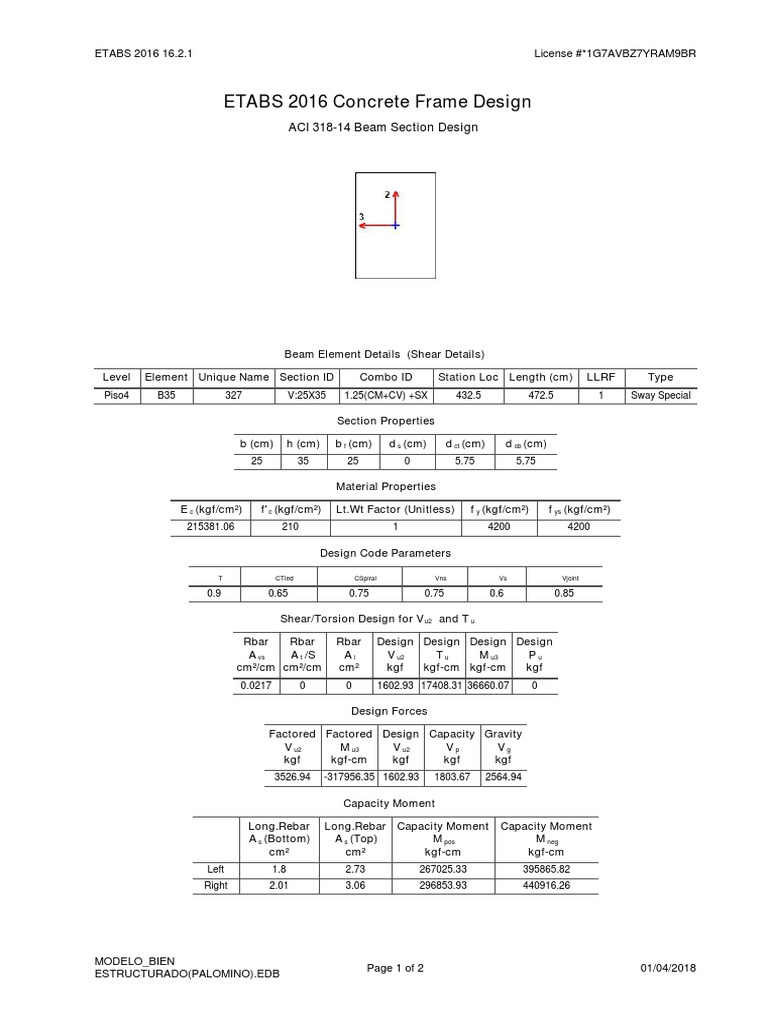 ETABS 2016 Concrete Frame Design: ACI 318-14 Beam Section Design | PDF