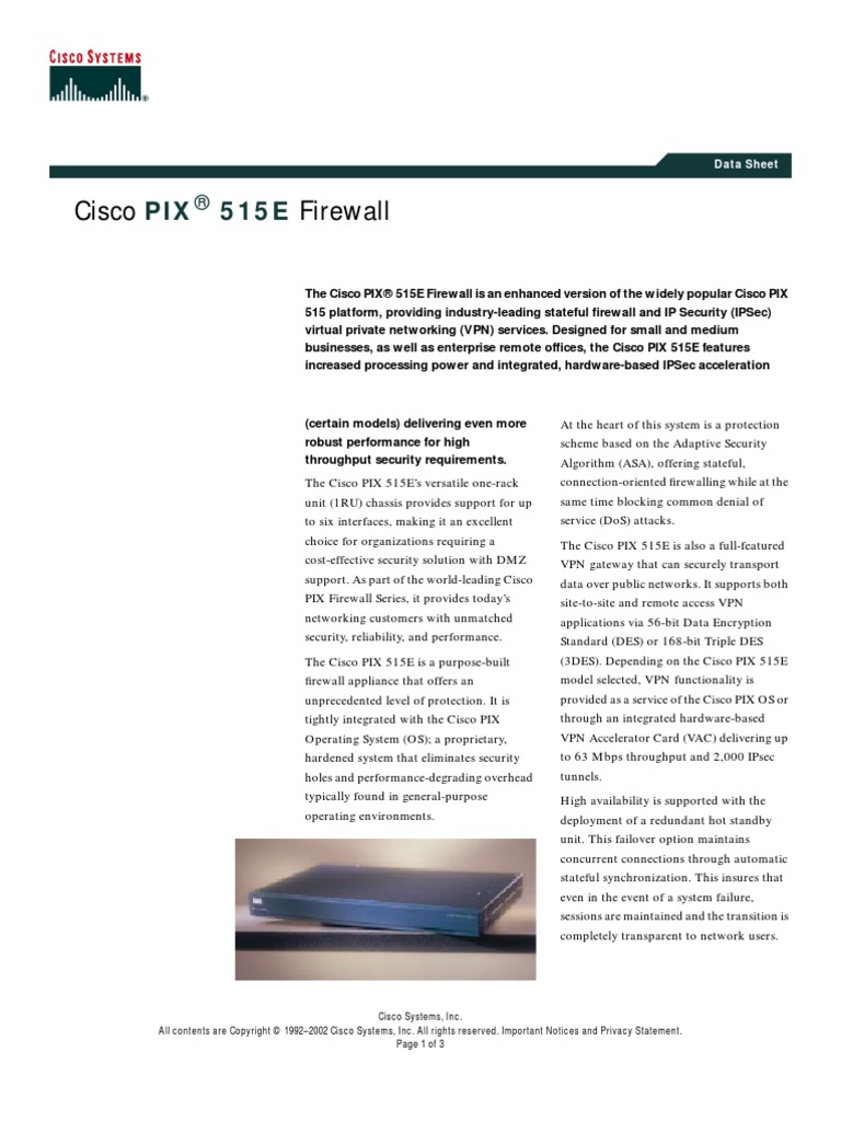 Cisco Pix 515e | PDF | Virtual Private Network | Electrical Engineering
