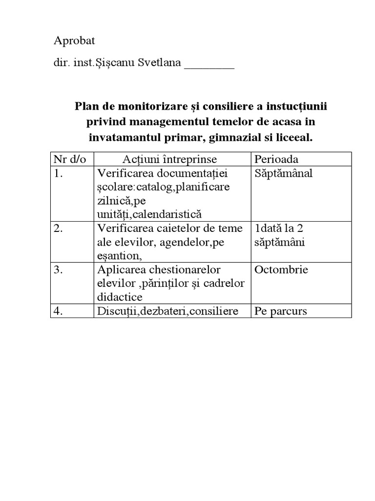 Plan de Monitorizare Temele de Acasa