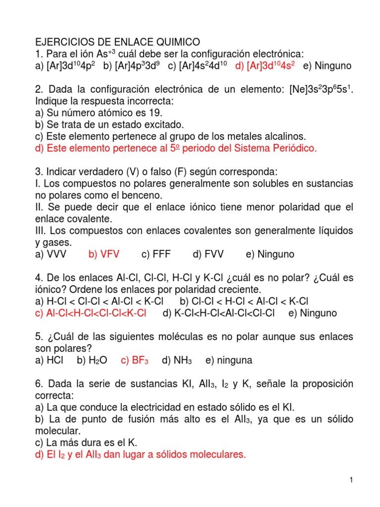 Enlace Químico Ejercicios Pdf Enlace Químico Enlace Covalente