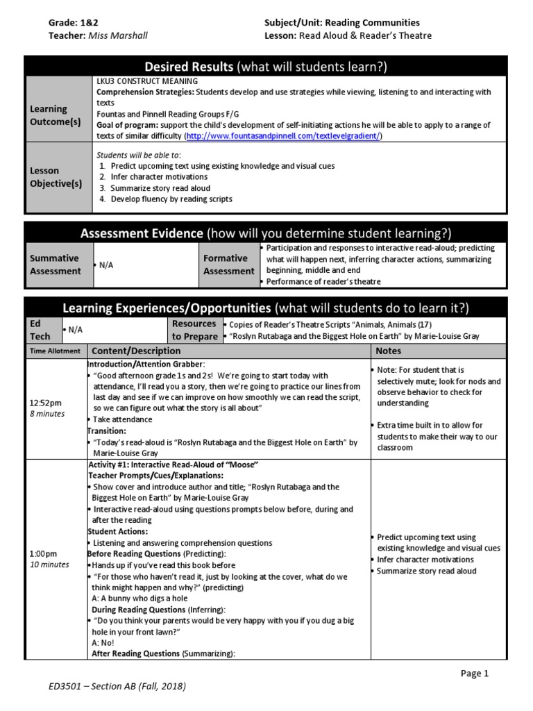 Lesson Plan 12 - Roslyn Rutabaga and Readers Theatre | PDF | Reading ...