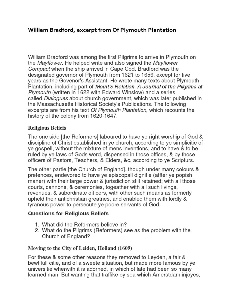William Bradford Excerpt | PDF | Plymouth Colony | Colonial Massachusetts