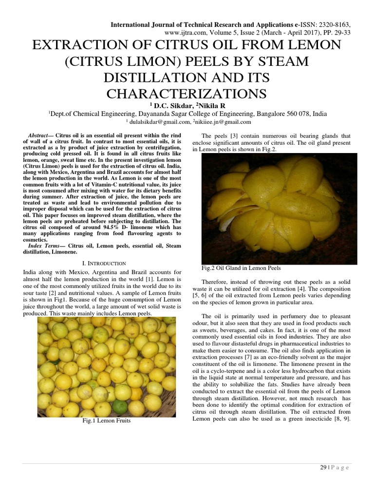 Extraction of Citrus Oil From Lemon (Citrus Limon) Peels by Steam Distillation and Its ...