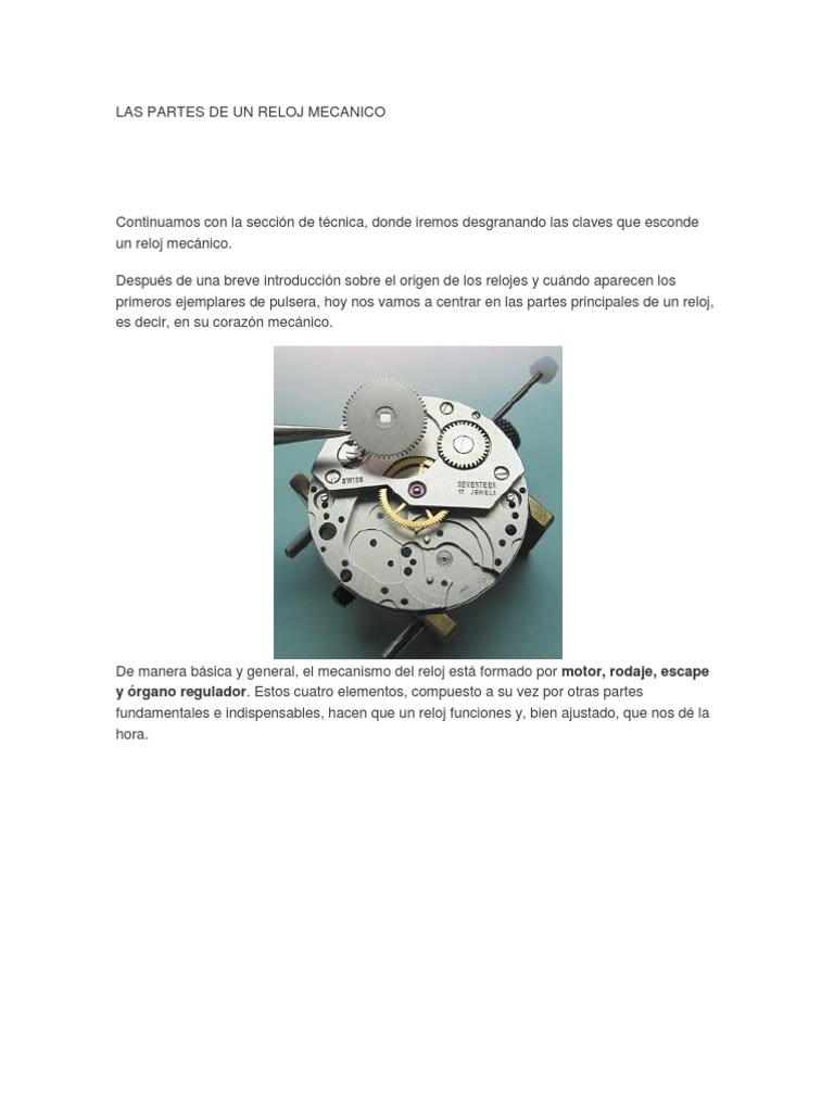 Partes Esenciales de un Reloj Mecánico | PDF | Reloj | Ingeniería mecánica