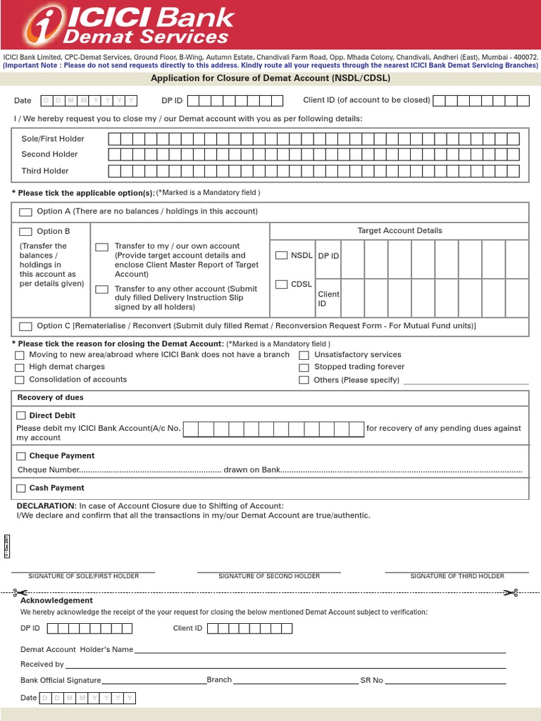 Application For Closure of Demat Account (NSDL/CDSL) : Ddmmyyyy | PDF | Financial Technology ...