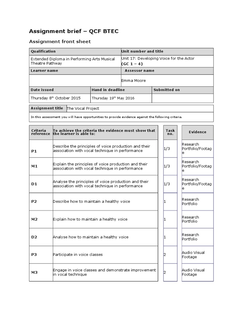 Assignment Brief - QCF BTEC | PDF | Vocal Pedagogy | Behavior Modification
