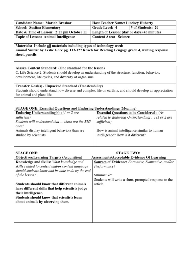 Ed618 Practicum Lesson-Science - Animal Smarts | PDF | Intelligence ...