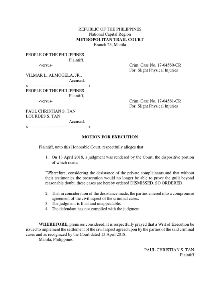 Motion For Execution | PDF | Prejudice (Legal Term) | Judgment (Law)