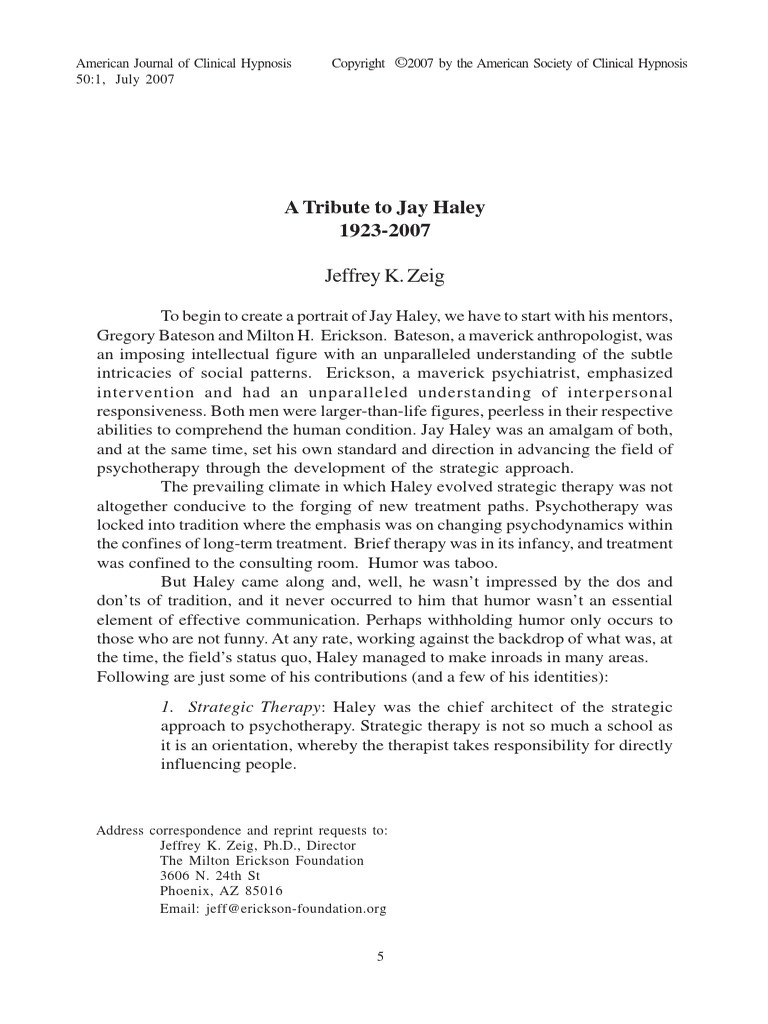 A Tribute To Jay Haley 1923-2007 | PDF | Psychotherapy | Therapy