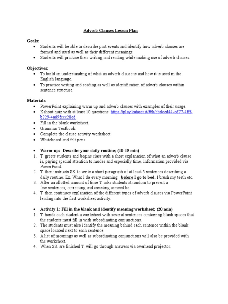 Adverb Clauses Lesson Plan | PDF | Clause | Sentence (Linguistics)