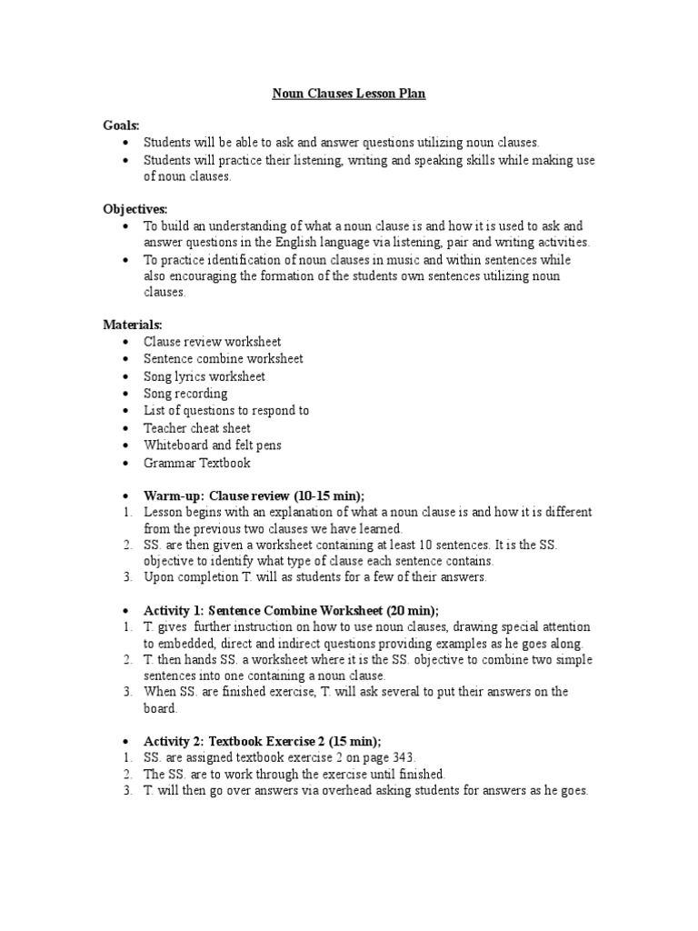 Noun Clauses Lesson Plan | PDF | Clause | Question