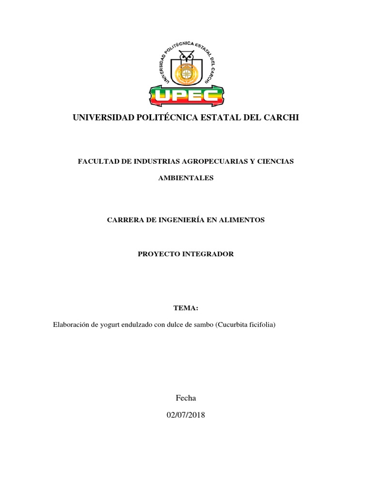 Yogurt con dulce de sambo: Proyecto PIS | PDF | Productos lácteos ...