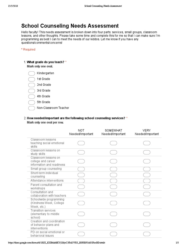 copy of school counseling needs assessment - google forms | School ...