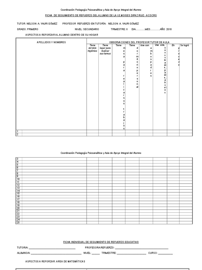 Ficha Individualizada de Seguimiento de Refuerzo Educativo | PDF