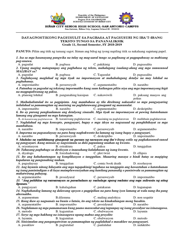 Diagnostic Exam PAGBASA | PDF