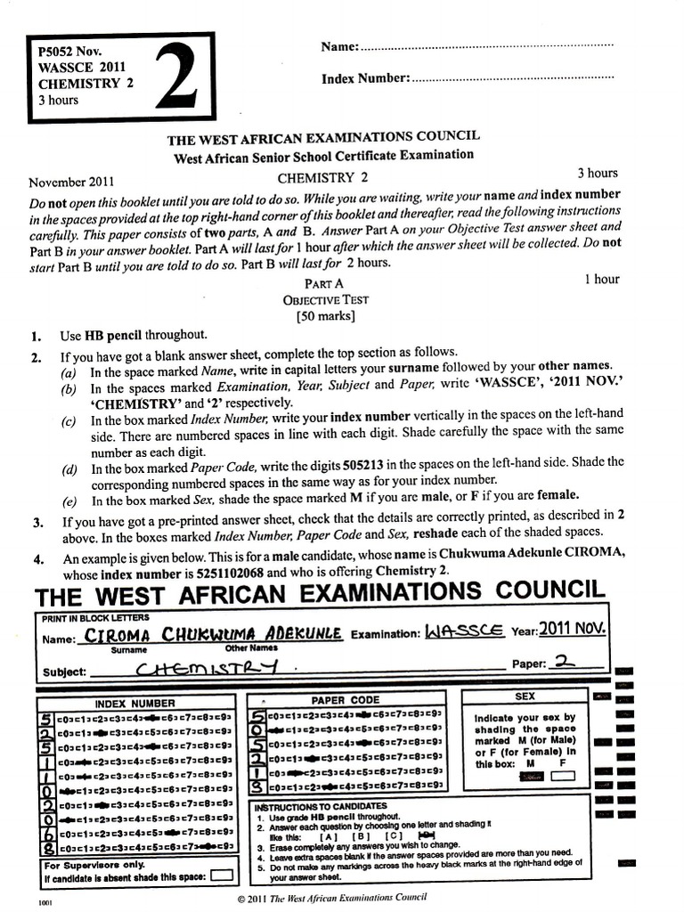 Nov Dec 2011 WASSCE Elective Chemistry Paper 2 Objectives Theory