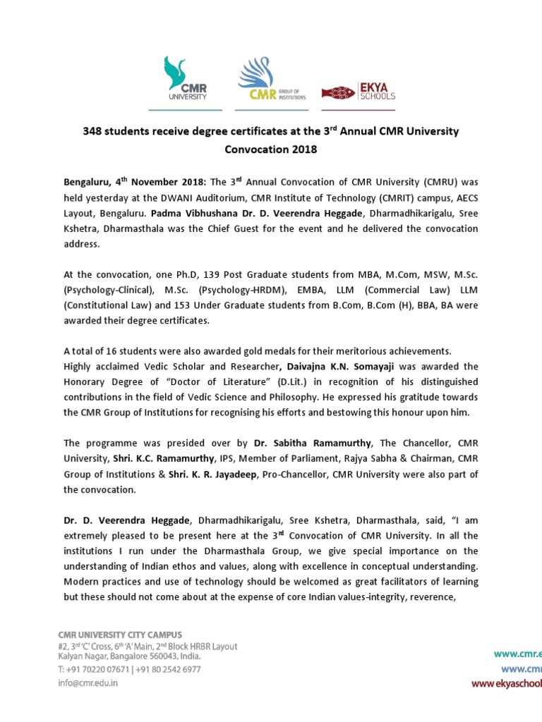 Press Release - CMR University Convocation 2018 | PDF | University | Schools