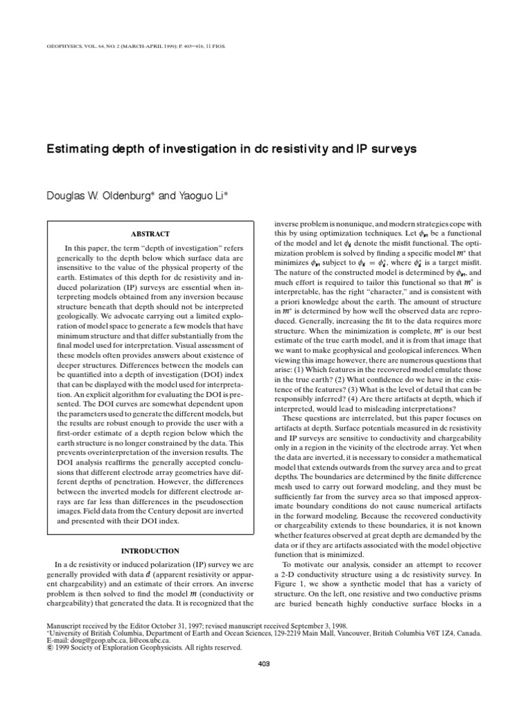 Estimating Depth of Investigation in DC Resistivity and IP Surveys ...