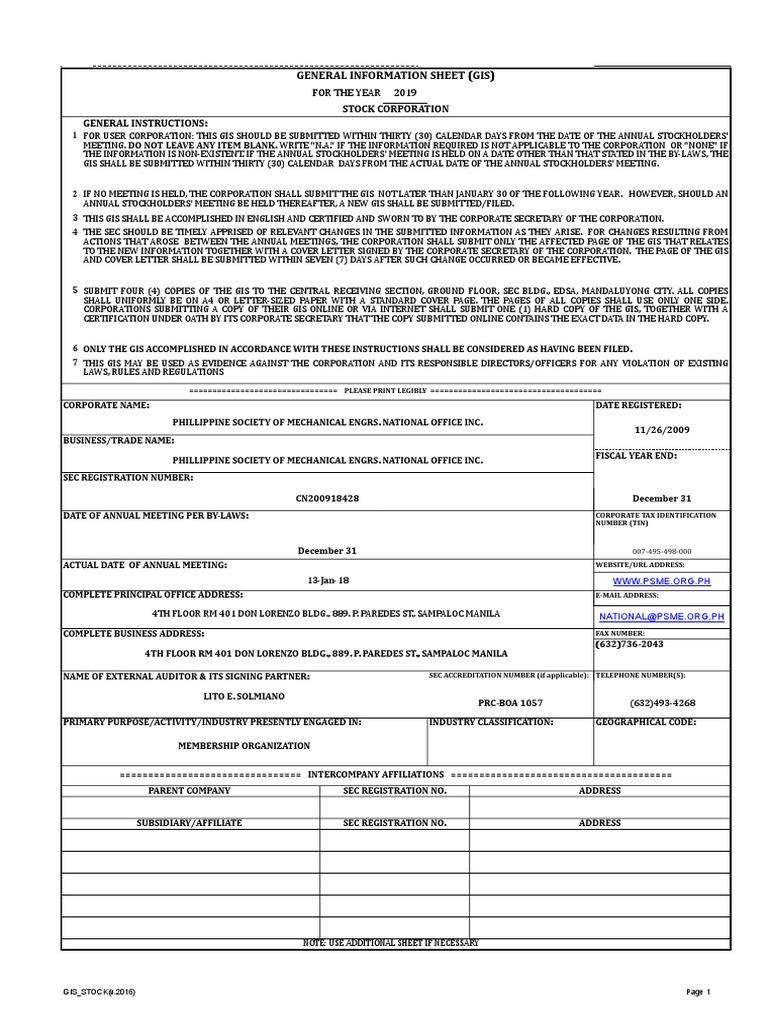 Stock Corporation General Instructions:: General Information Sheet (Gis ...