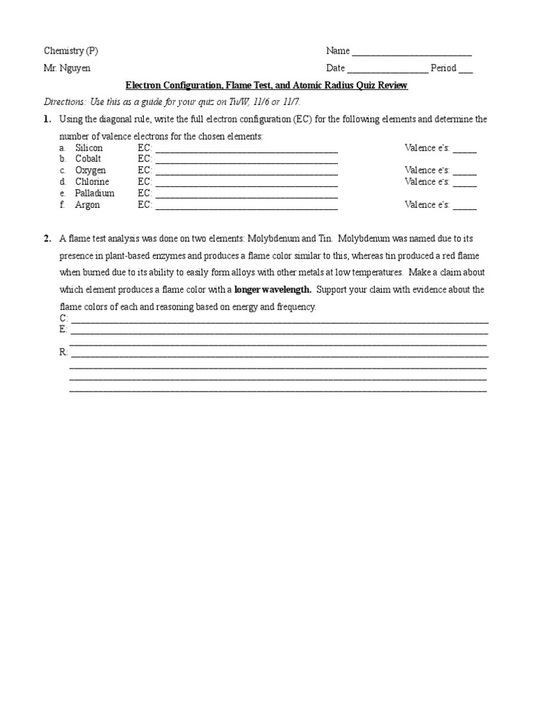 Electron Configuration and Flame Test Review | PDF | Atomic Physics ...