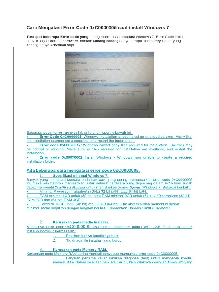 Cara Mengatasi Error Code 0xC0000005 Saat Install Windows 7 | PDF