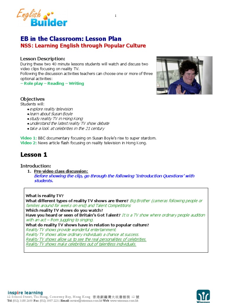 EB in The Classroom: Lesson Plan: NSS: Learning English Through Popular ...