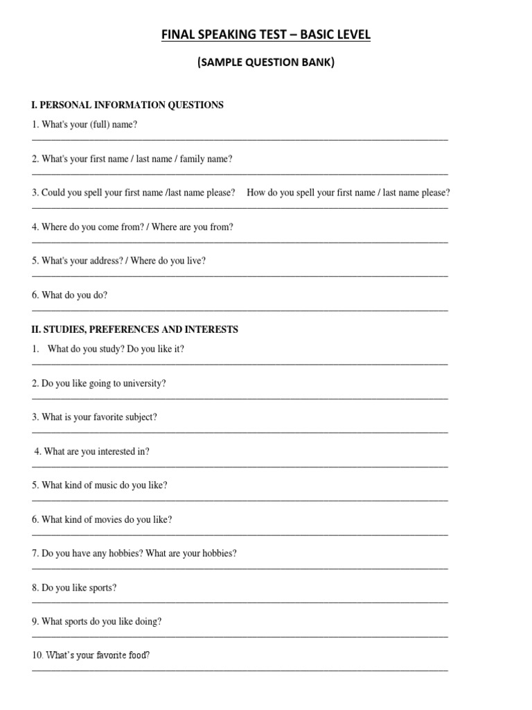 Final Speaking Test - Basic Level: (Sample Question Bank) | PDF ...