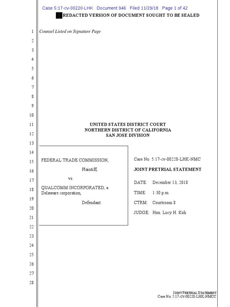 18-11-29 FTC v. Qualcomm Joint Final Pretrial Statement | Deposition ...