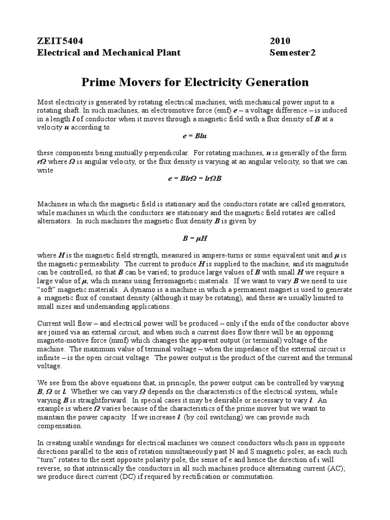 Prime Movers For Electricity Generation: ZEIT5404 2010 Electrical and ...