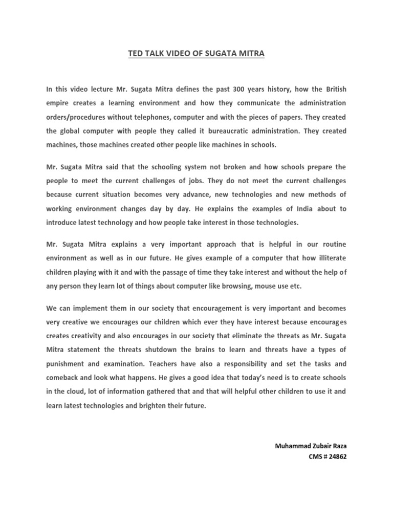 Assignment 1 Ted Talk Mr. Sugata Mitra | PDF