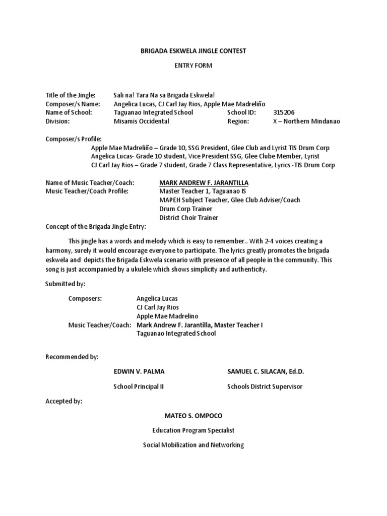 Brigada Eskwela Jingle Contest Entry | PDF | Performing Arts ...