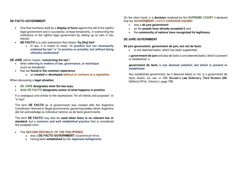 De Jure and de Facto Government | PDF | De Facto | Government