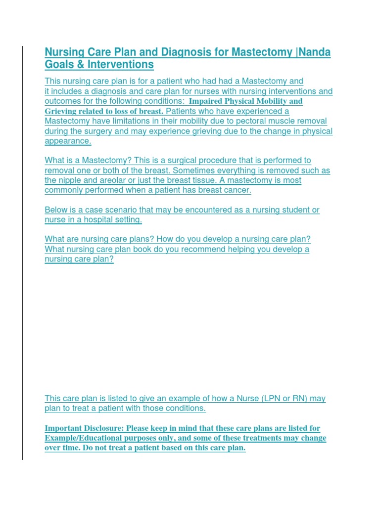 Nursing Care Plan and Diagnosis for Mastectomy.docx | Mastectomy ...