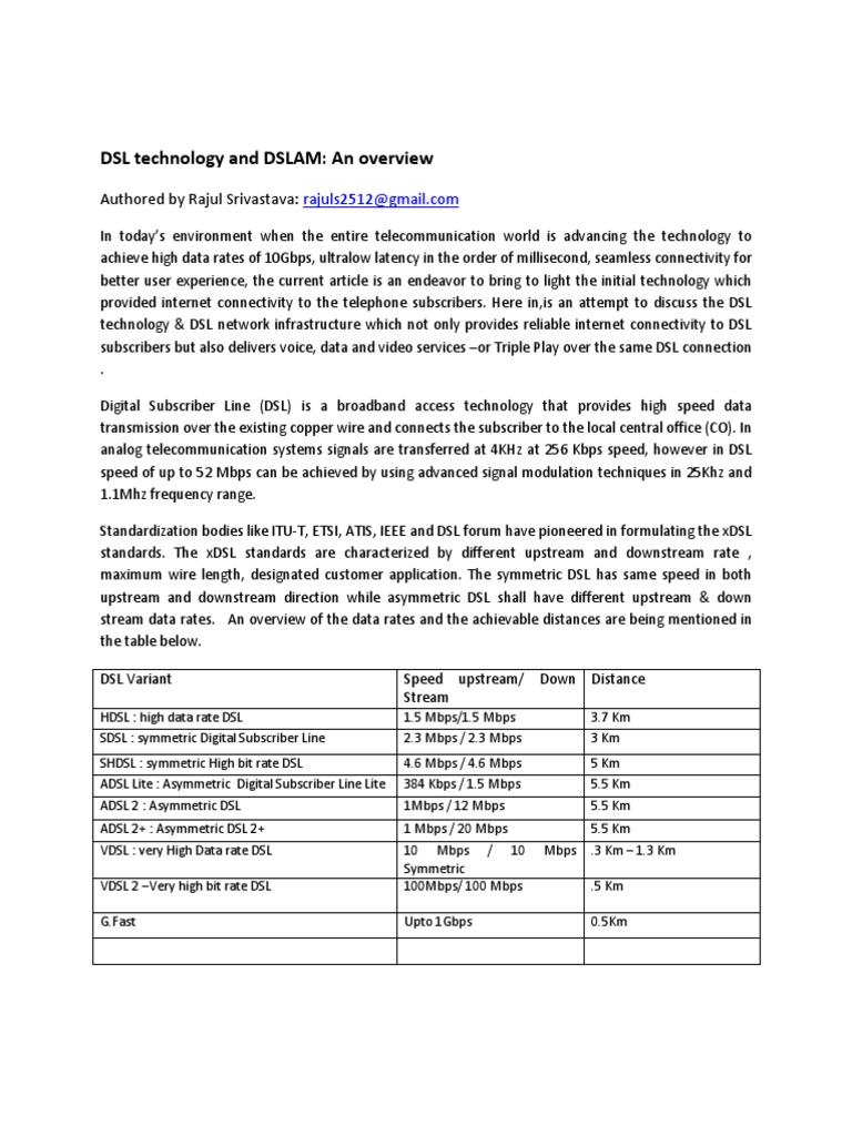 DSL Technology and DSLAM: An Overview: Authored by Rajul Srivastava ...