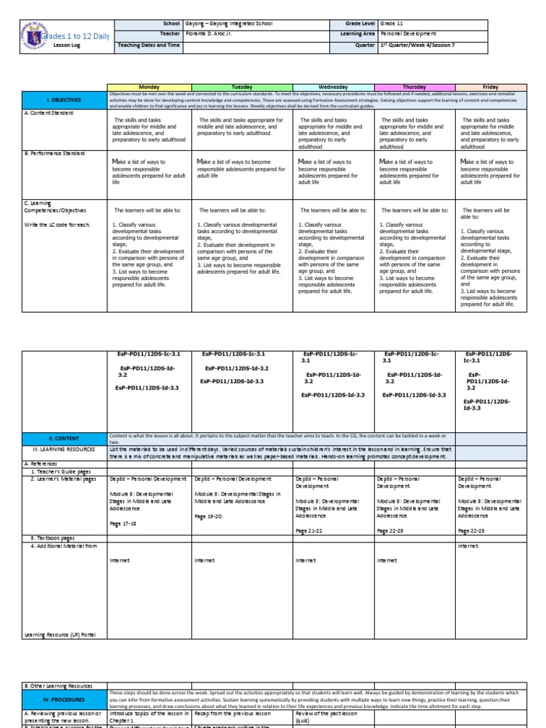 Grade 11 Personal Development Lesson Plan | PDF | Educational ...