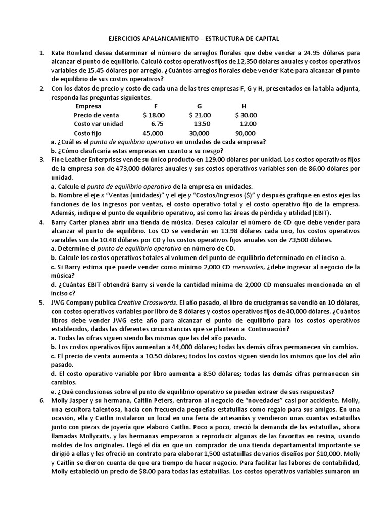 Taller Estructura de Capital Apalancamiento | PDF | Apalancamiento (Finanzas) | Deuda