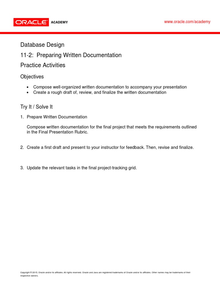 Database Design 11-2: Preparing Written Documentation Practice Activities | PDF